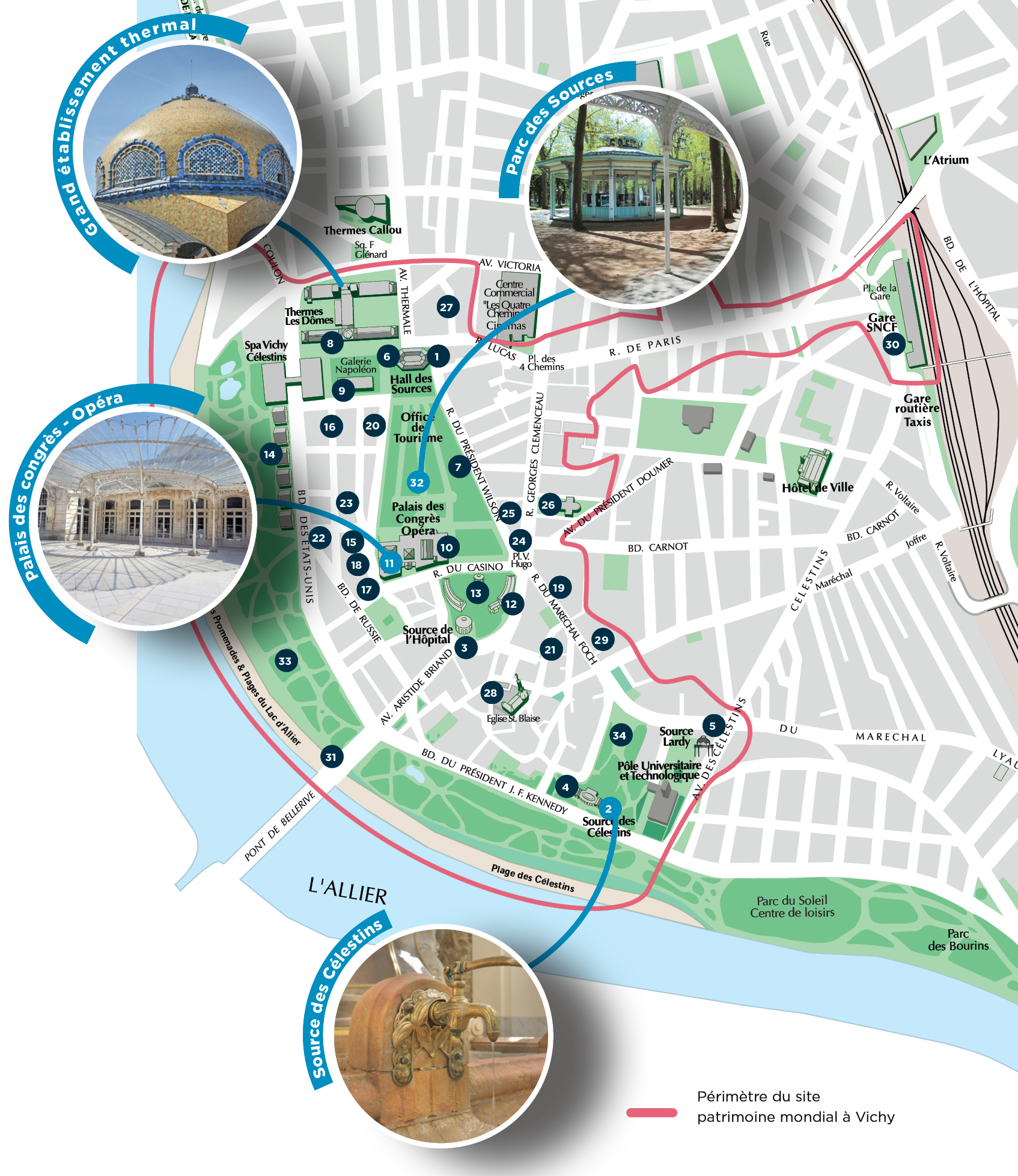 Le périmètre du site patrimoine mondial à Vichy